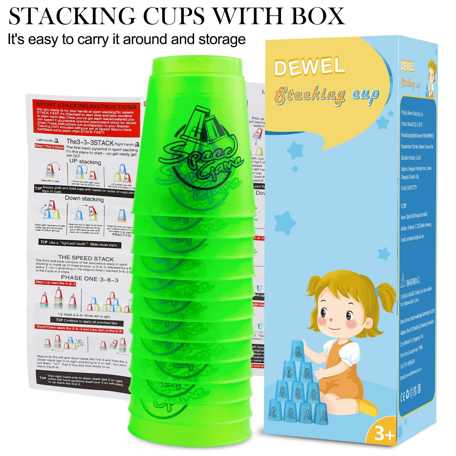 DEWEL Stacking Cup Game with 15 Stack Ways, 12pcs Cup Stacking Set, Sport Stacking Cups BPA-Free Material, Classic Family Game, Great Gift Idea for Stack Games Lover. (Green)