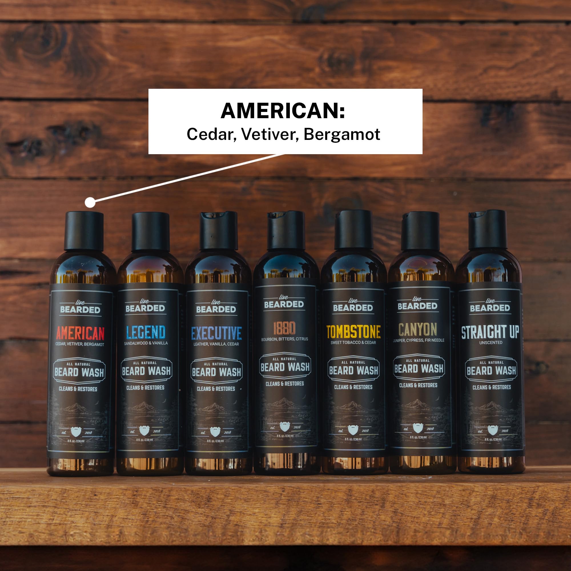 Live Bearded Beard Wash, 8 fl oz - Water-Based Face Cleanser with All-Natural Ingredients for a Gentle, Deep Clean - Made in the USA | American Scent - Cedar, Pine, Vetiver, Bergamont