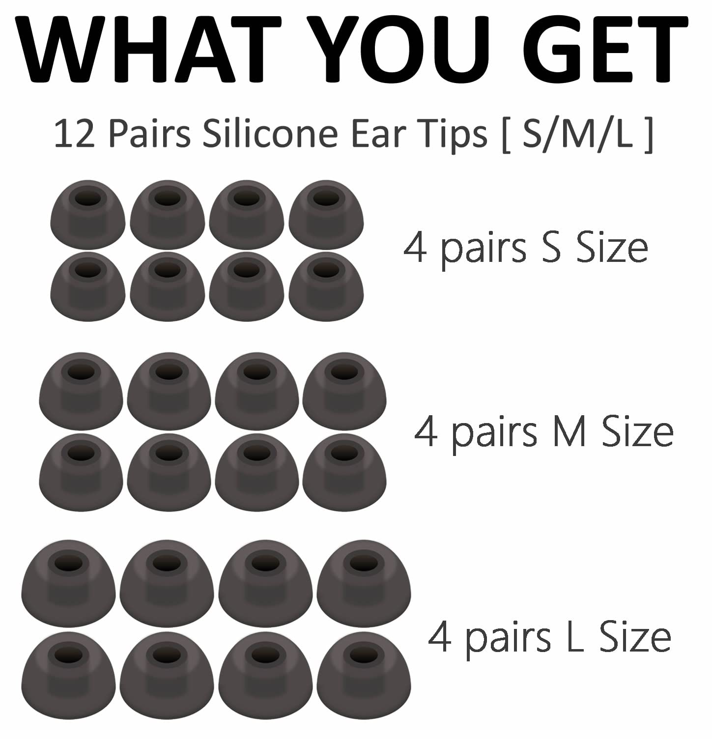 A-Focus [12 Pairs] Compatible with Anker Soundcore Life & Liberty Series Ear Tips, L/M/S Inner Hole 4mm Replacement Silicone Earbuds Gel Compatible with Jabra Elite 3/7 / 65T / 75T, 512 Gray
