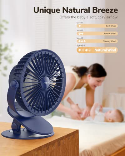 CAFELE Stroller Clip on Fan, 【Ultra Quiet】 Rechargeable Battery Operated Personal Fan Strong Airflow, 4 Speeds Max 24Hrs 6-inch Small Portable Fan for Bed Desk Car Seat White Blue