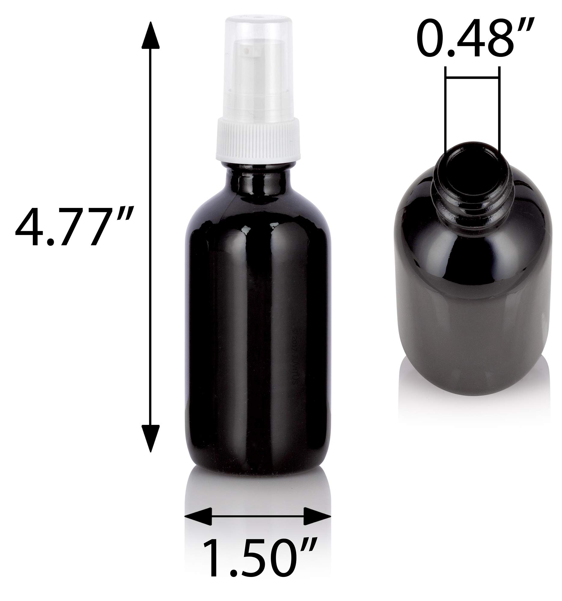 JUVITUS 2 oz Black Glass Luxury Boston Round Bottle White Treatment Pump (12 Pack) + Funnel