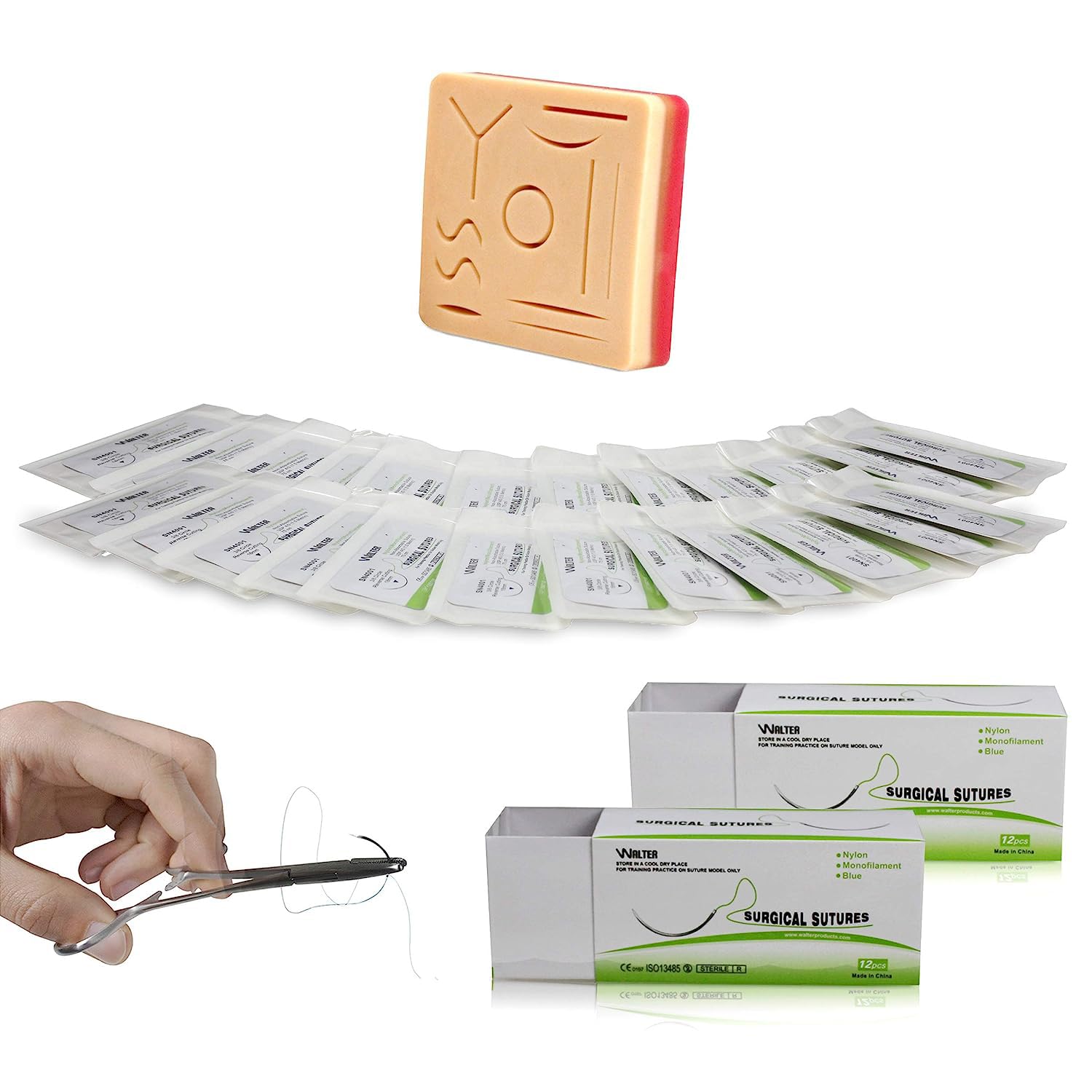 Vision Scientific VSPN11 4â X 4â Suture Pad with 11 Pre-Cut Wounds |24 Nylon Thread 75cm W Stainless Needle | 3 Layers Tissue | Mesh Layer for Durability & Reusable (Educational & Training Use Only)