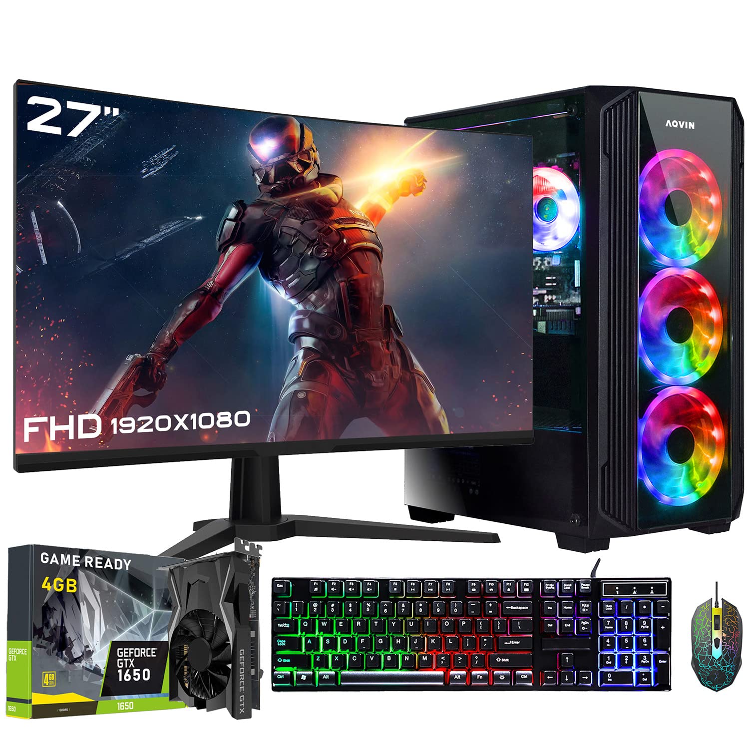 AQVIN Gaming PC Desktop Computer Tower PC with 27 Inch Gaming Monitor - Intel i7 Processor, 2TB SSD Storage 32GB DDR4 RAM, GTX 1650 4GB GDDR5, Gaming PC, Wi-Fi, Windows 10 Pro - (Renewed)