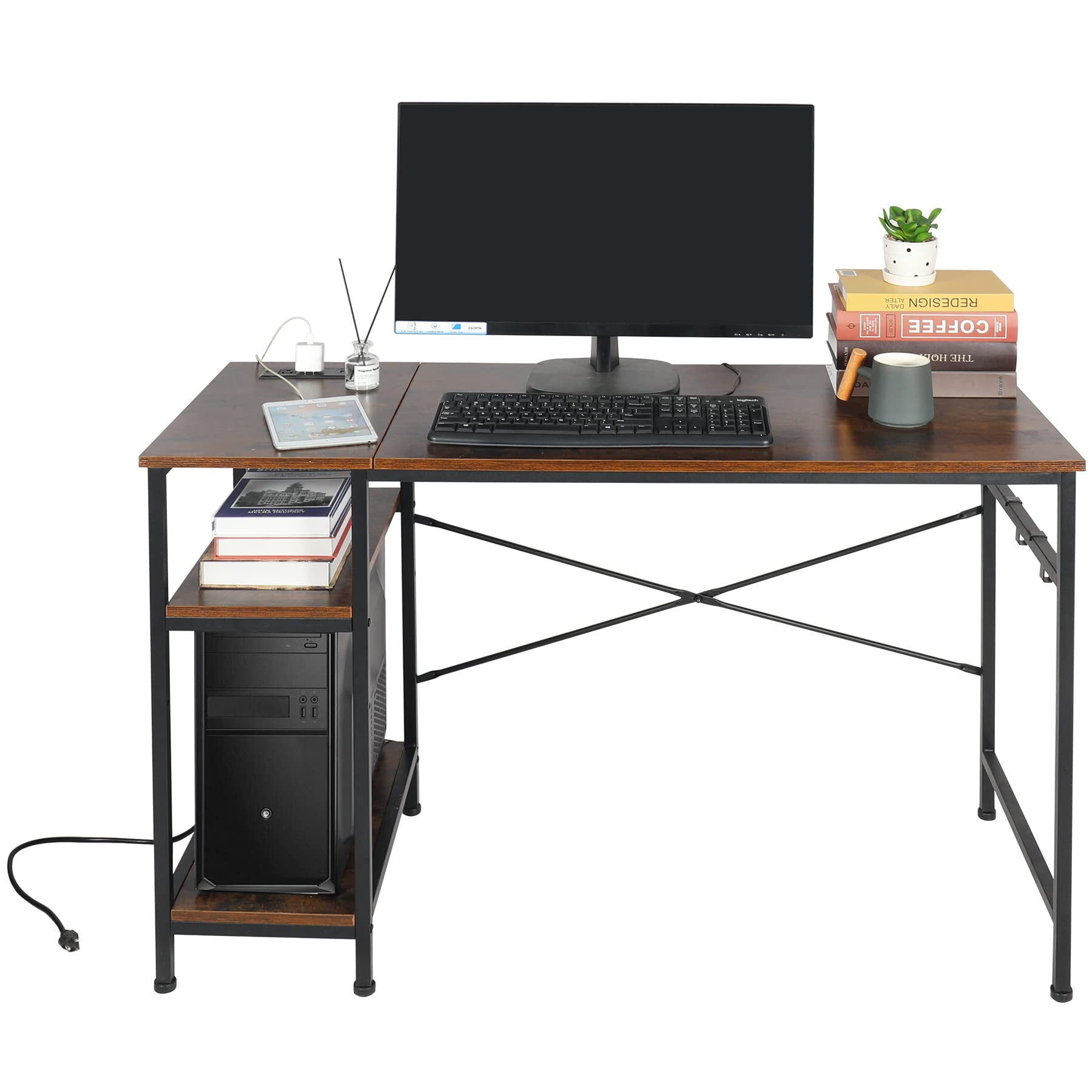 AKVOMBI 47 Inch Computer Desk with Adjustable Shelves & Power Outlet, Small Writing Desk for Small Spaces, Industrial Home Office Desk with USB Port, 2 Hooks, Rustic Brown