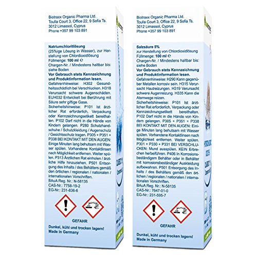 Biotraxx Classic Water Purification 1:1 Set, 1x 100ml Hydrochloric Acid 5%, 1x 100ml Sodium Solution. Made in Germany