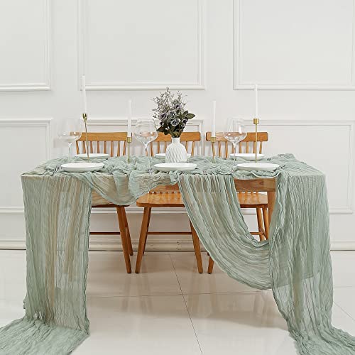 DOLOPL Sage Green Cheesecloth Table Runner 13.3ft Boho Gauze Cheese Cloth Table Runner Rustic Sheer Runner 160inch Long for Wedding Bridal Baby Shower Birthday St. Patrick's Day Table Decorations