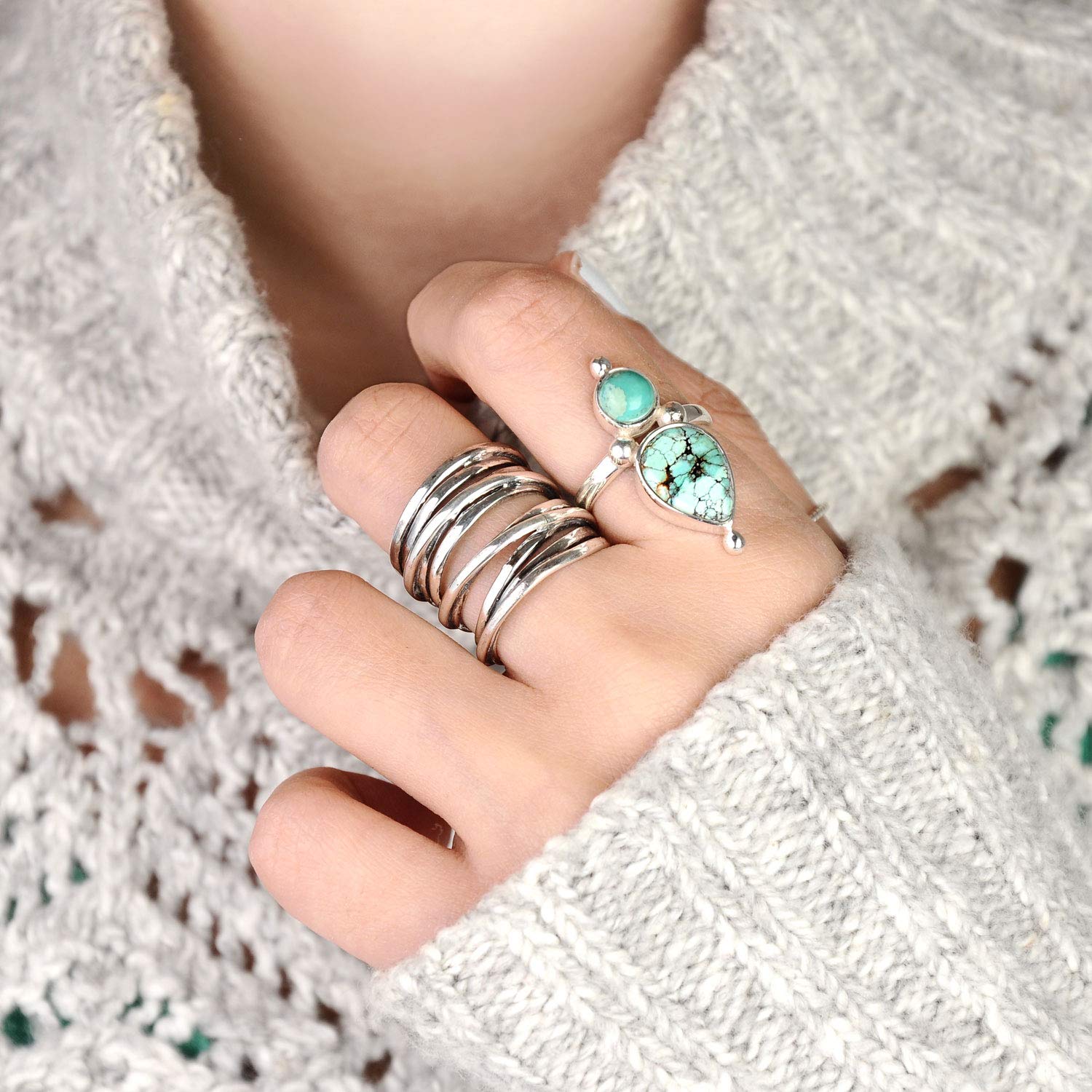 Boho-Magic 925 Sterling Silver Band Rings for Women Wide Wrap Statement Ring (7)