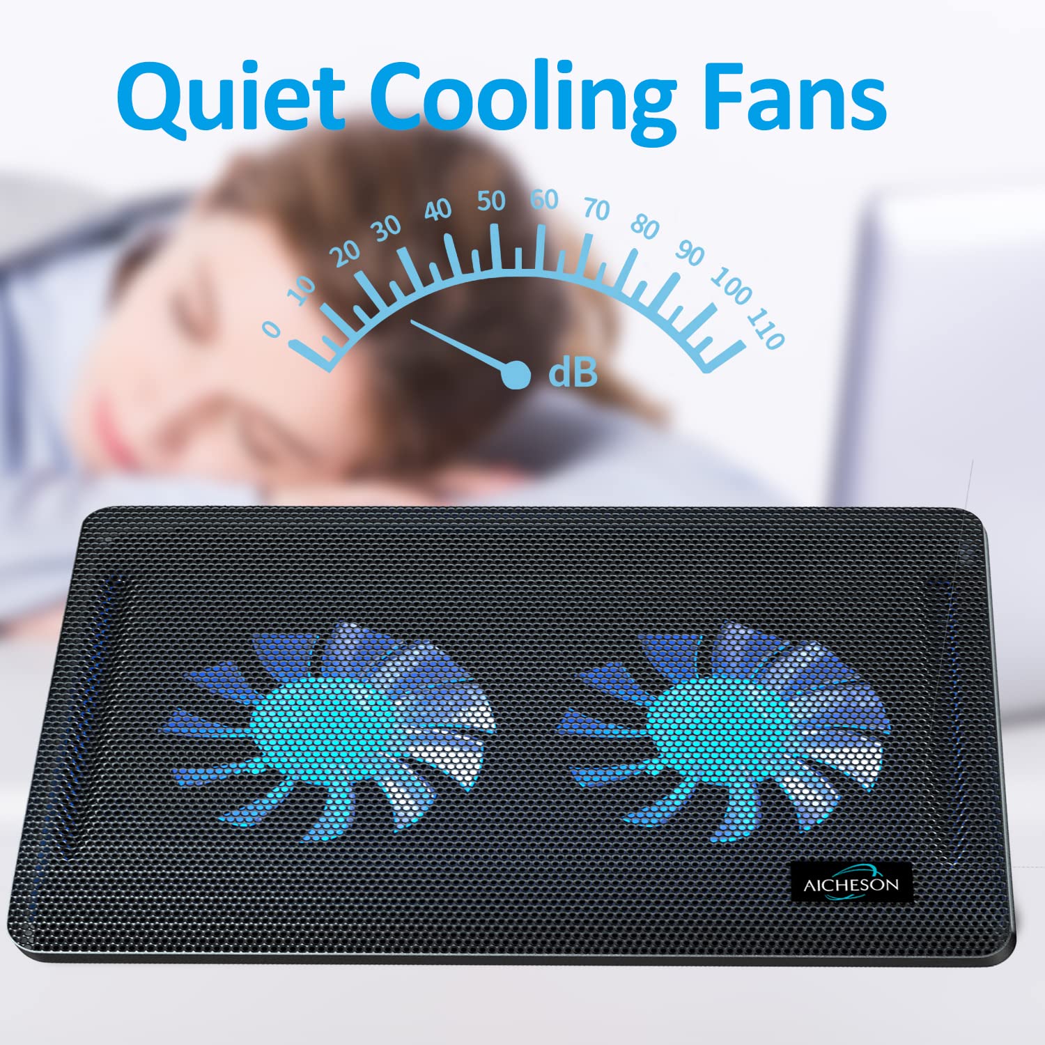 AICHESON Laptop Cooling Pad 2 1000RPM Fans Portable Computer Cooler, Blue LEDs, S007