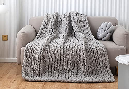 Chunky Knit Chenille Yarn for Hand Knitting Blankets, Super Soft Big Jumbo Blanket Yarn (Grey)