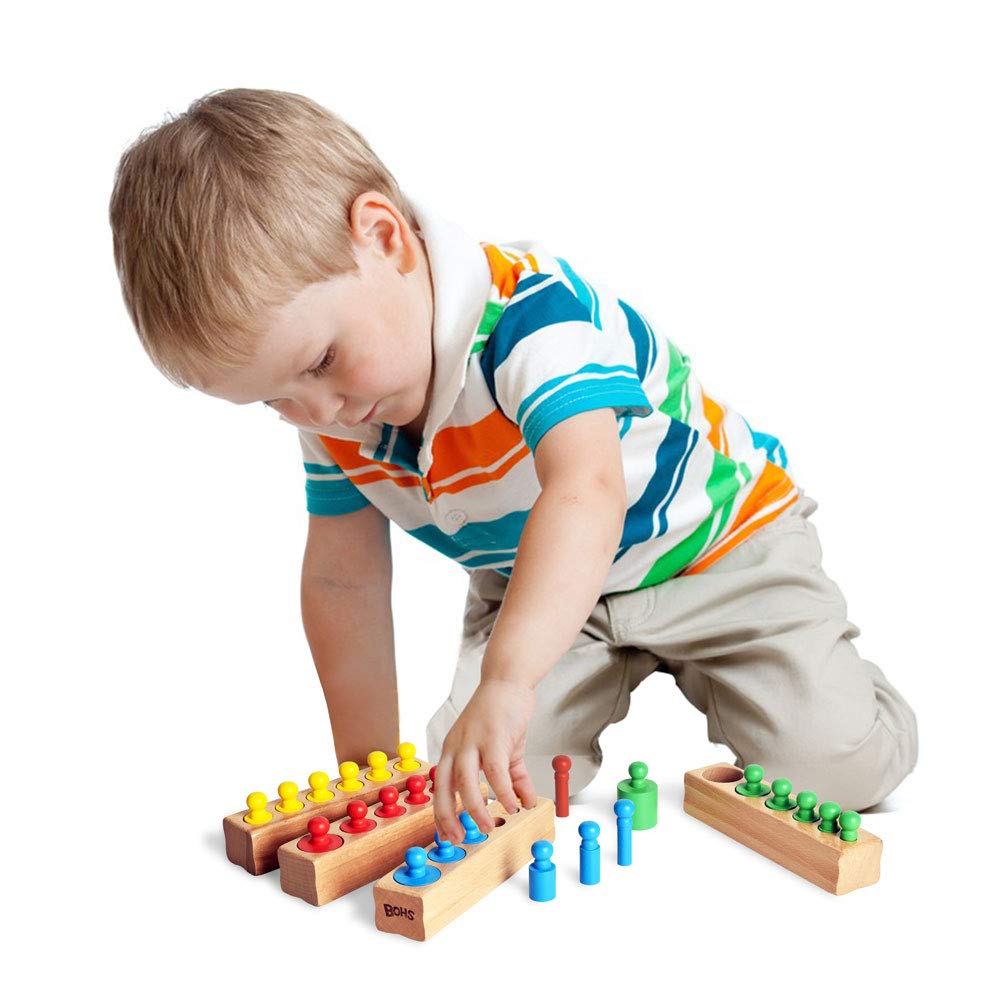 BOHS Montessori Knobbed Cylinders Blocks - 6 Pegs / 6.7 Inches - Colorful Wooden Early Home School Toys - 4pcs Set
