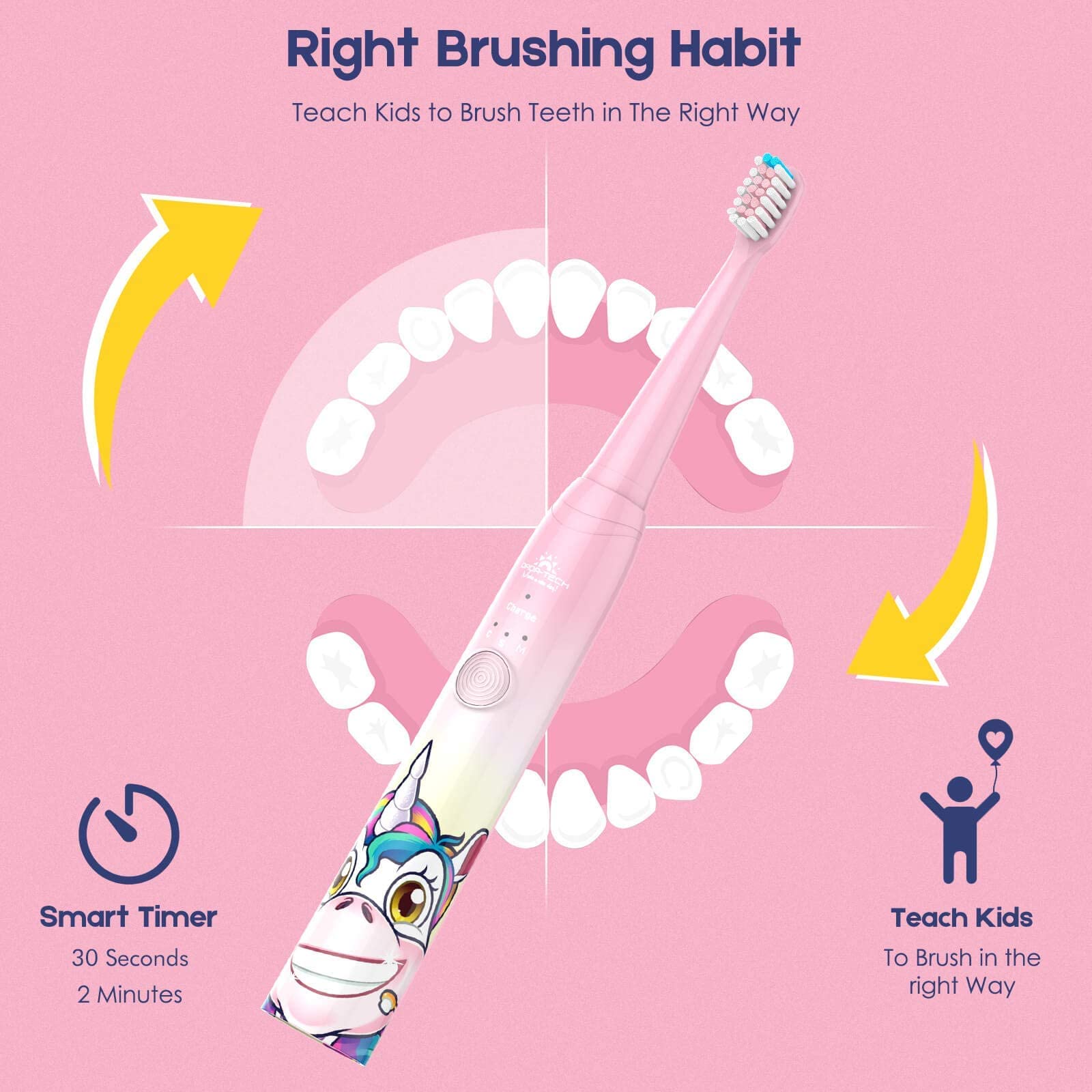 DADA-TECH Kids Electric Toothbrush Rechargeable Pink Age 3+ (Unicorn and Dog)