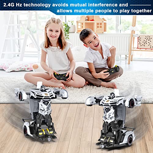 FDJ Remote Control Car - Transform Car Robot, One Button Deformation to Robot with Flashing Lights, 2.4Ghz 1:18 Scale Transforming Police Car Toy with 360 Degree Rotating Drifting for Boys and Girls