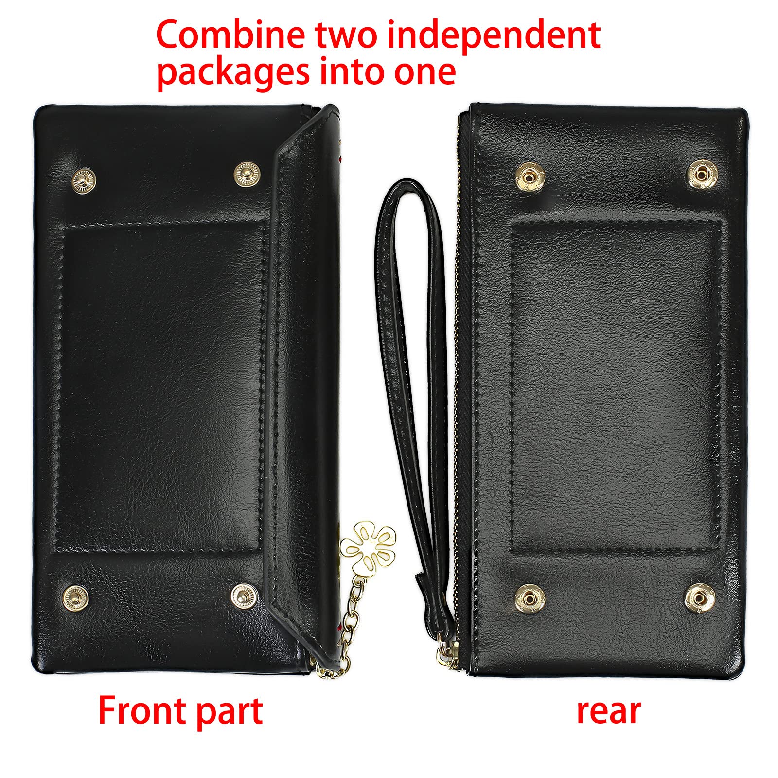 ENYISDAN Detachable Wristlet Wallets for Women 2-in-1 Long Purse Clutch Embroidery Leather Zip Black