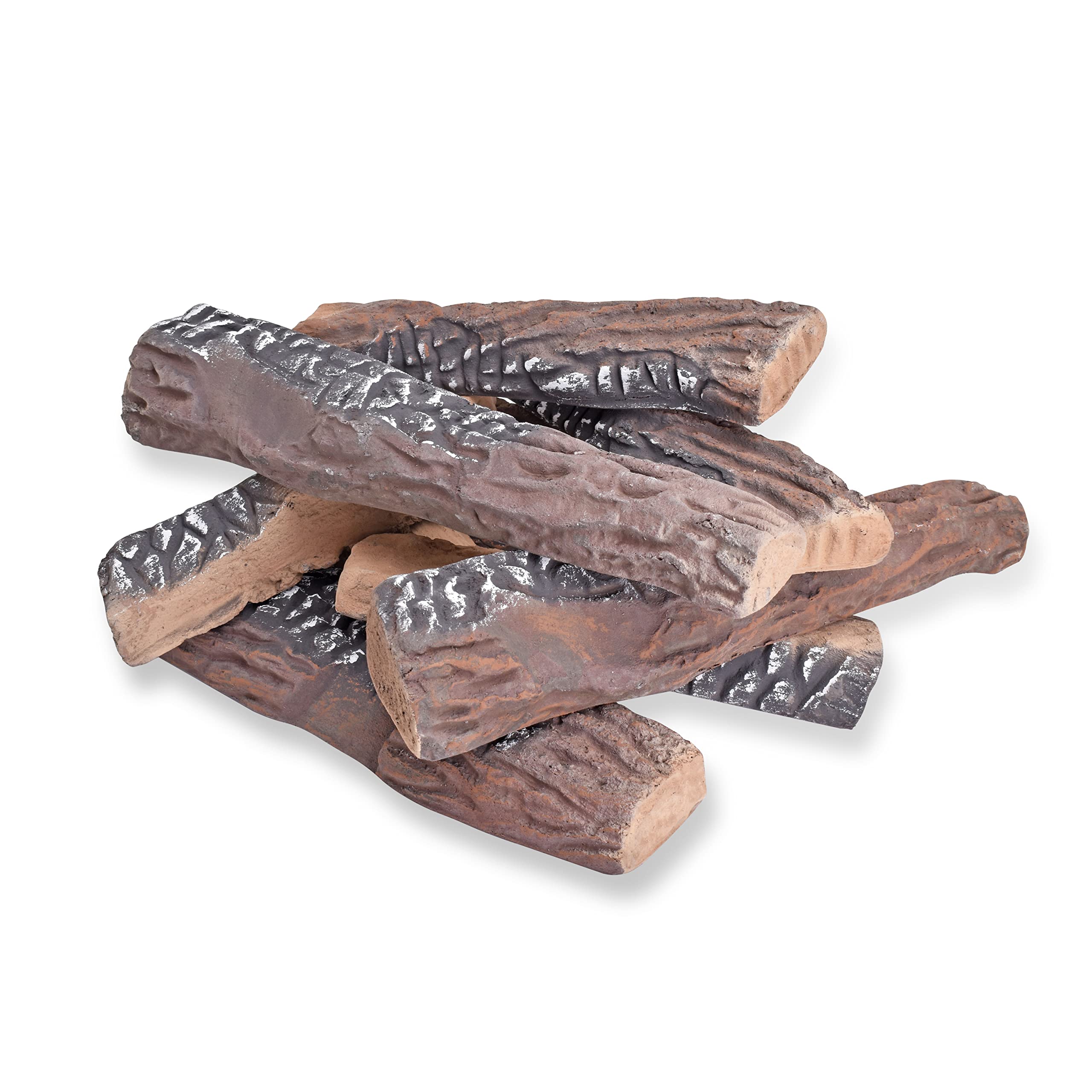 Chesio Ceramic Fire Log Set - 10 Piece Indoor Fireplace Logs - Complete with Rockwool Glowing Embers