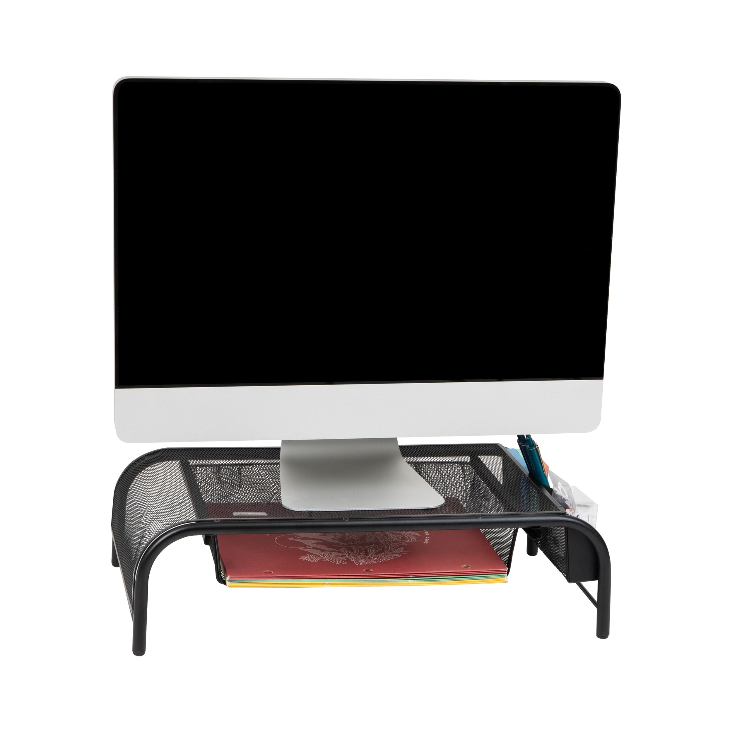 Mind Reader Monitor Stand, Ventilated Laptop Riser, Paper Tray, Storage, Office, Metal Mesh, 20"L x 11.5"W x 5.5"H, Black