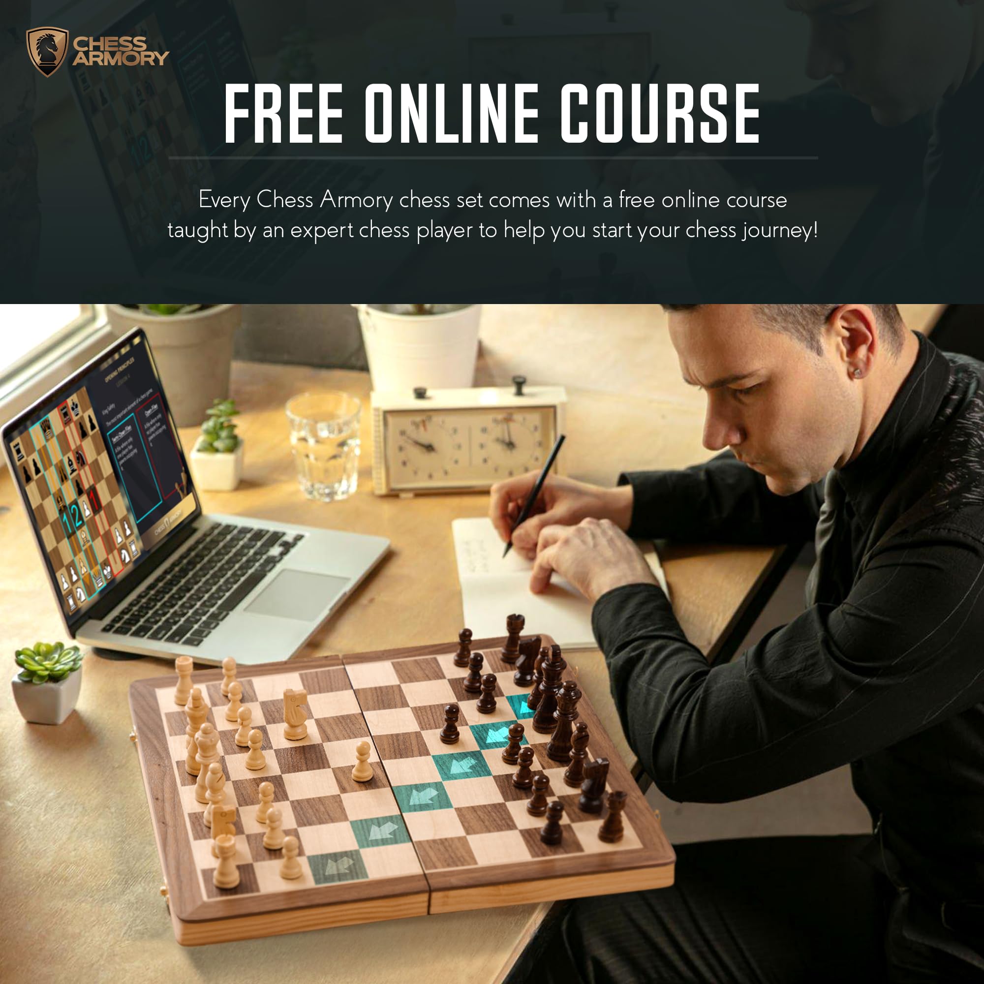 Chess Armory 15 inch Wooden Chess Set and Chess Clock Bundle for Kids and Adults