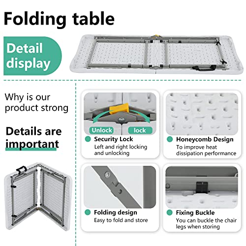 FDW Folding Table 4FT Picnic Table Adjustable Height Plastic Table Camping Table Office Table for Home Office Party Picnic