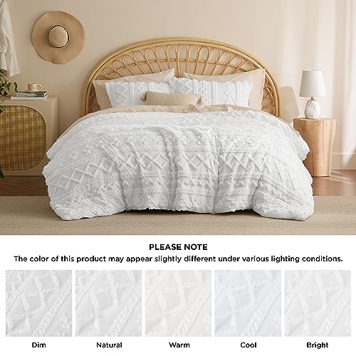 Bedsure Tufted Boho Comforter Set Queen - White Boho Bedding Comforter Set, 3 Pieces Farmhouse Shabby Chic Embroidery Bed Set, Soft Jacquard Comforter for Women Men Girls