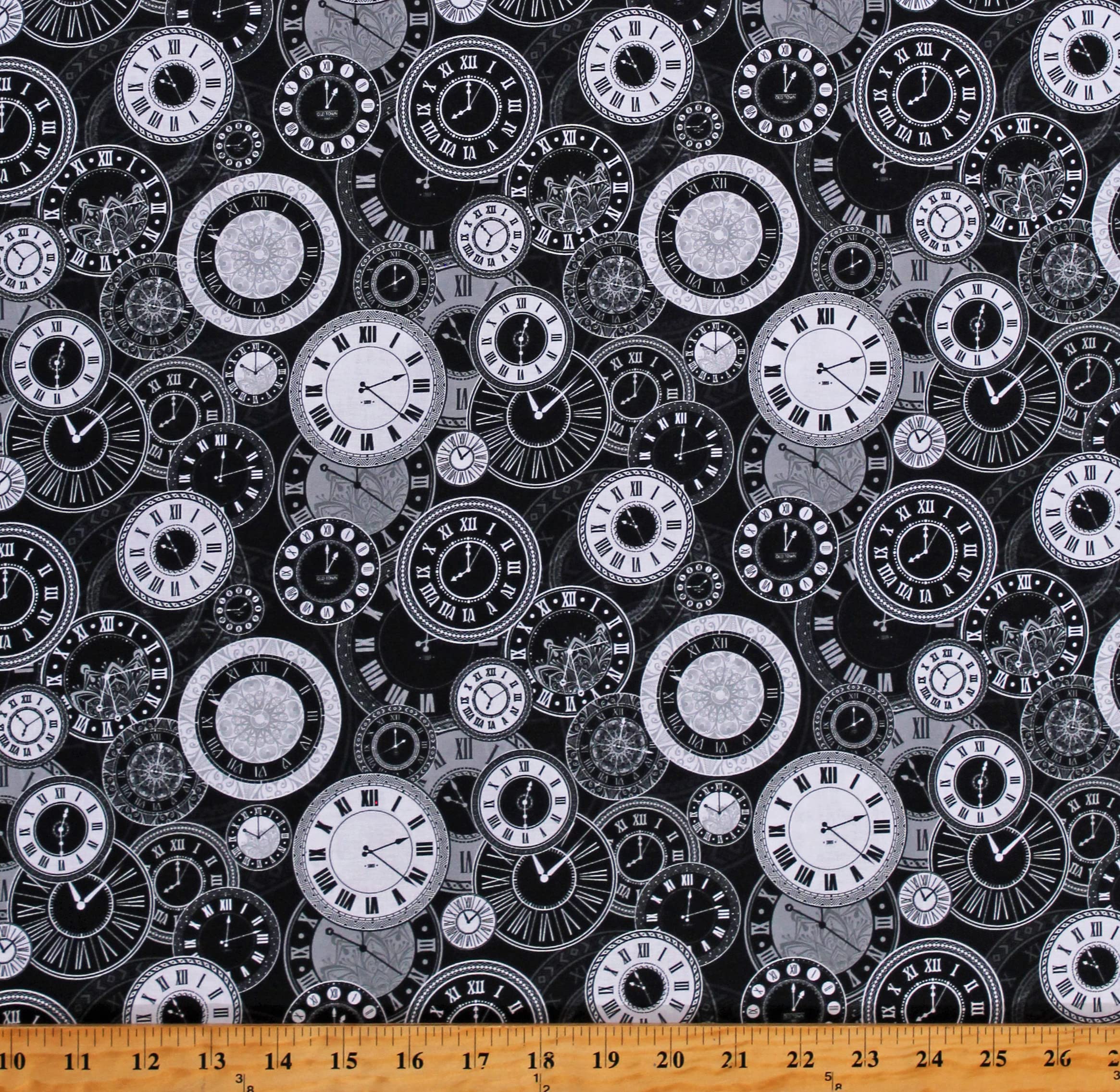 Cotton Clocks Time Vintage-Look White Clocks on Black Cotton Fabric Print by The Yard (1121-3068BLACK)
