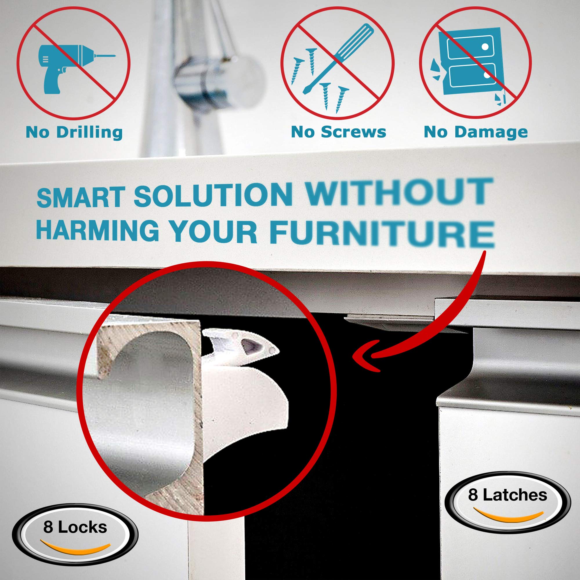 Invisible Magnetic Cabinet Locks Child Safety Kit, Secure Kitchen & Bedroom Cabinets. Cupboards with Baby Proofing Cabinets Door & Drawer Locks for Kids & Toddlers. Keys & 3M Adhesive Straps. (8)