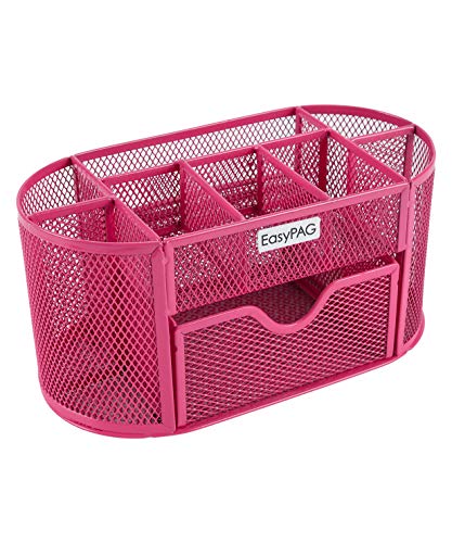 EasyPAG Desk Organizer Mesh Desktop Office Supplies Multi-functional Caddy Pen Holder Stationery with Drawer,Pink