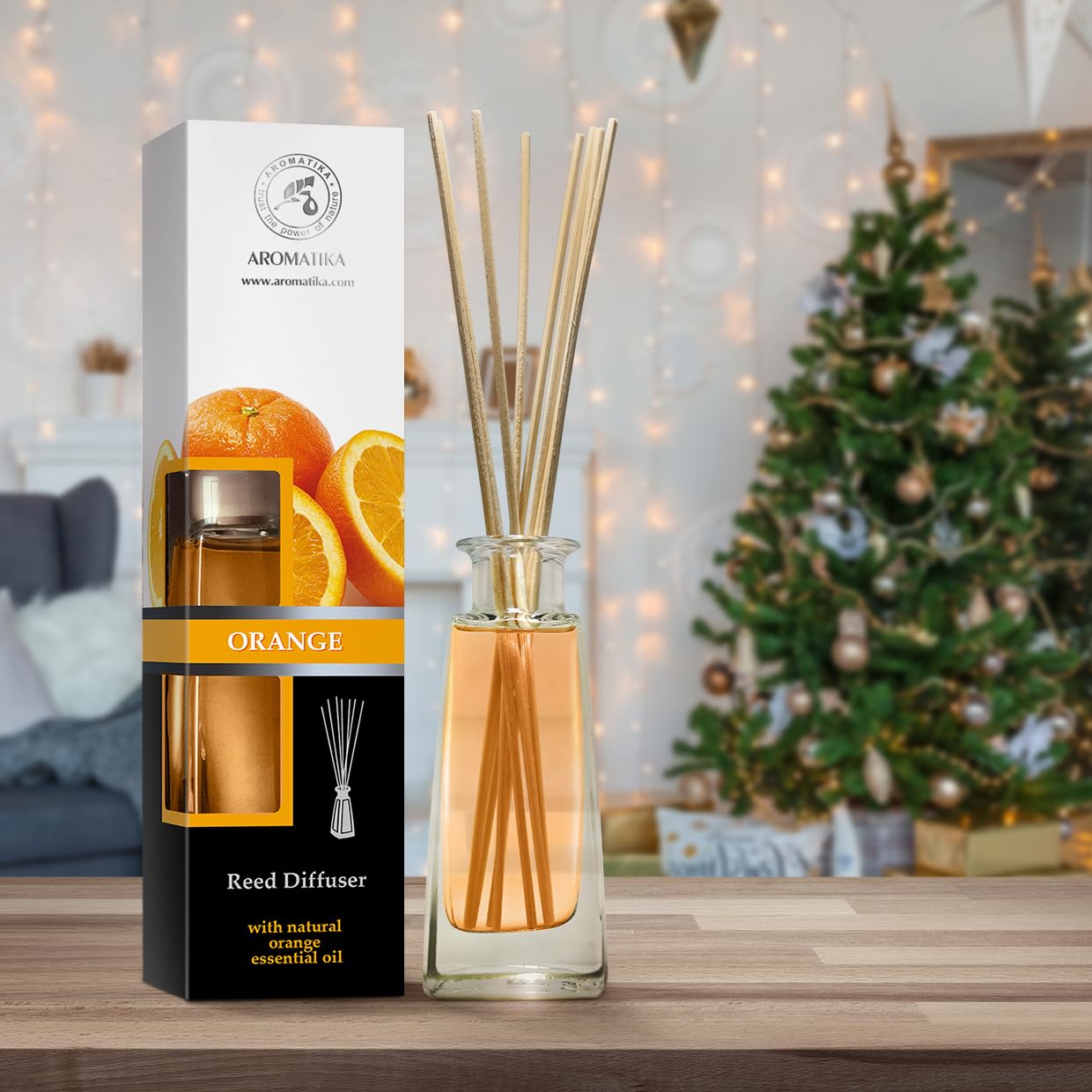 Orange Diffuser w/Orange Oil 3.4 Fl Oz - Fresh Room - Long Lasting Fragrance - Scented Reed Diffuser Orange - Diffuser Gift Set - for Aromatherapy - Home - Orange Essential Oil Diffuser by AROMATIKA
