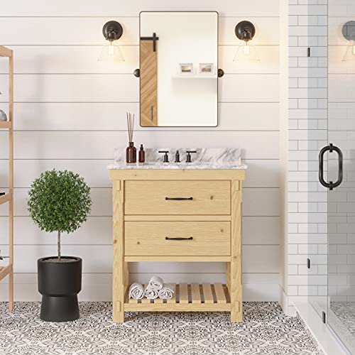 Birmingham 30-inch Bathroom Vanity (Carrara/Driftwood): Includes Driftwood Cabinet with Authentic Italian Carrara Marble Countertop and White Ceramic Sink