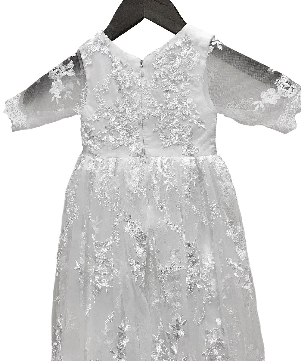 Long Ivory Christening Gown for Baby Girls Lace Baptism Dress with Bonnet 6M