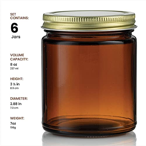 Amber Glass Jars 8 Ounce for Candle Making Straight Side For DIY Projects, Herbs, Homemade Cosmetics, Decorating, Storing, Overnight Oats, Meal Prep, Wedding Favors, Great For Daily Vitamins (6)