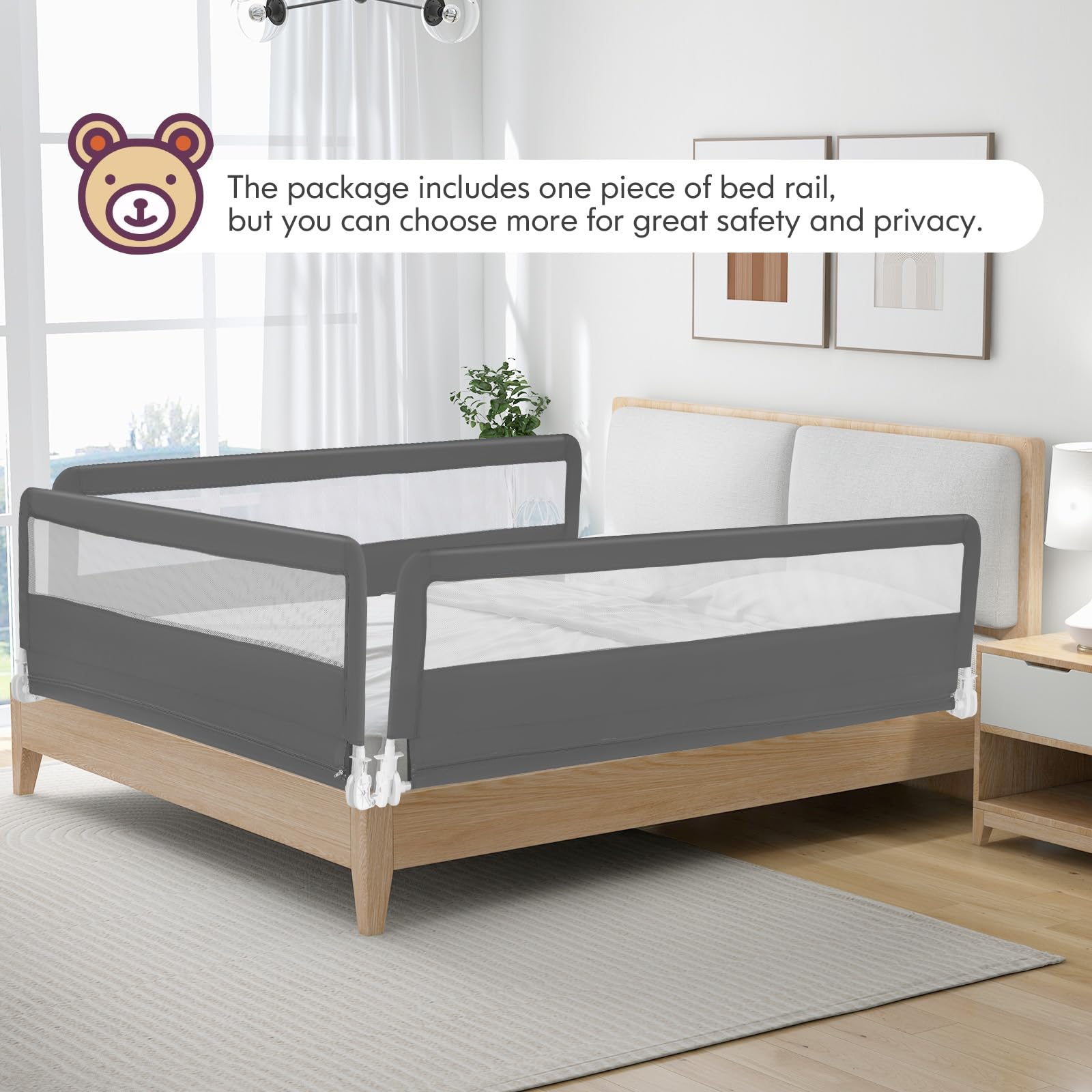 BABY JOY Bed Rails for Toddlers, 71'' Extra Long, Swing Down Bed Guard w/Safety Strap, Folding Baby Bedrail for Kids Twin, Double, Full Size Queen & King Mattress (71-Inch, Gray)