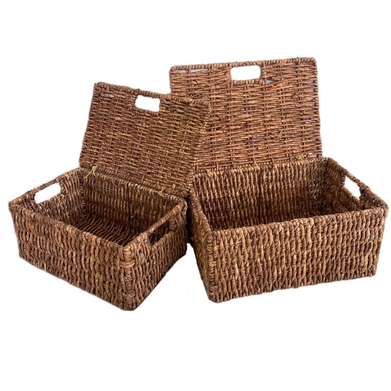 America Basket Woven Grass Rectangular Lidded Storage Baskets (Set of 2) Brown