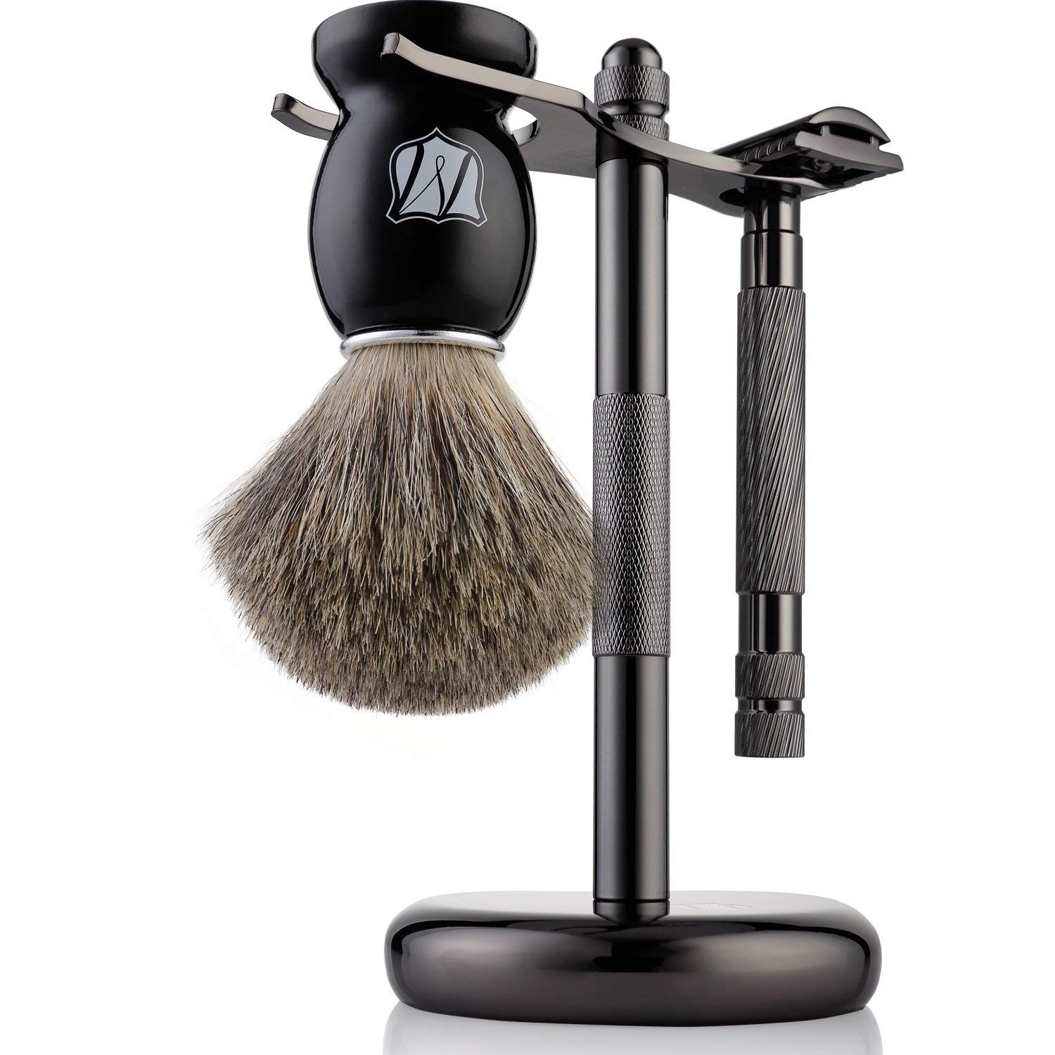Miusco Natural Badger Hair Shaving Brush and Shaving Stand Set, Dark Chrome, Black, Compatible with Safety Razor, Cartridge Razor and Disposable Razor