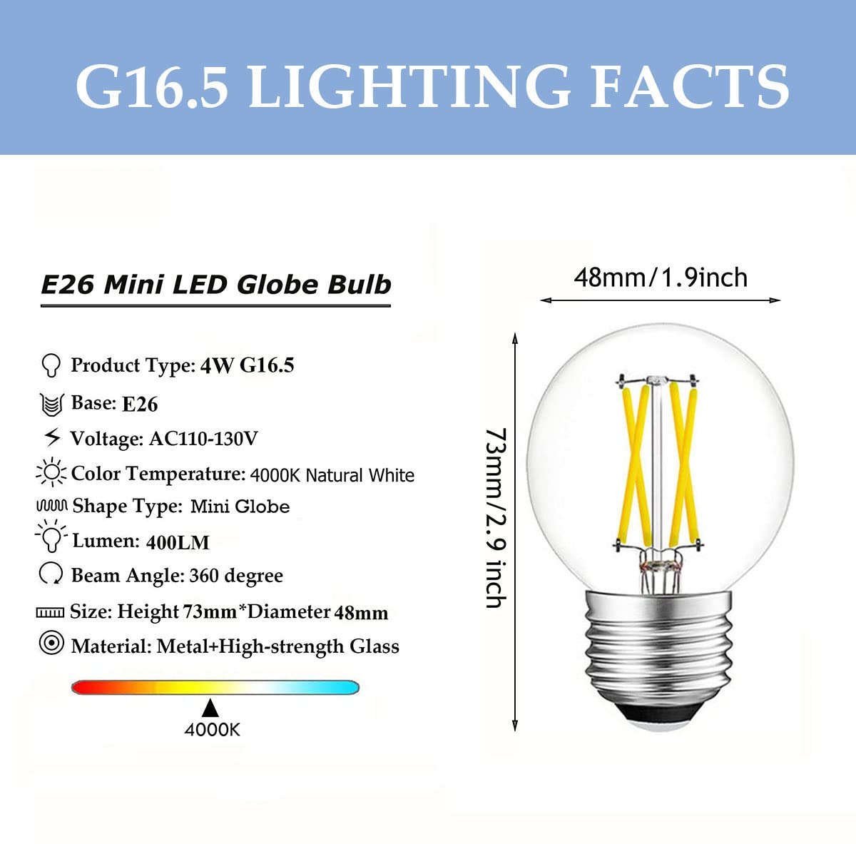 Greeogin Dimmable E26 LED Edison Bulb, g16.5 led Candelabra Bulb 4W Equal to 40W Natural White 4000K,for Pendant Fixtures,Chandeliers,Vanity Bulbs 5 Pack