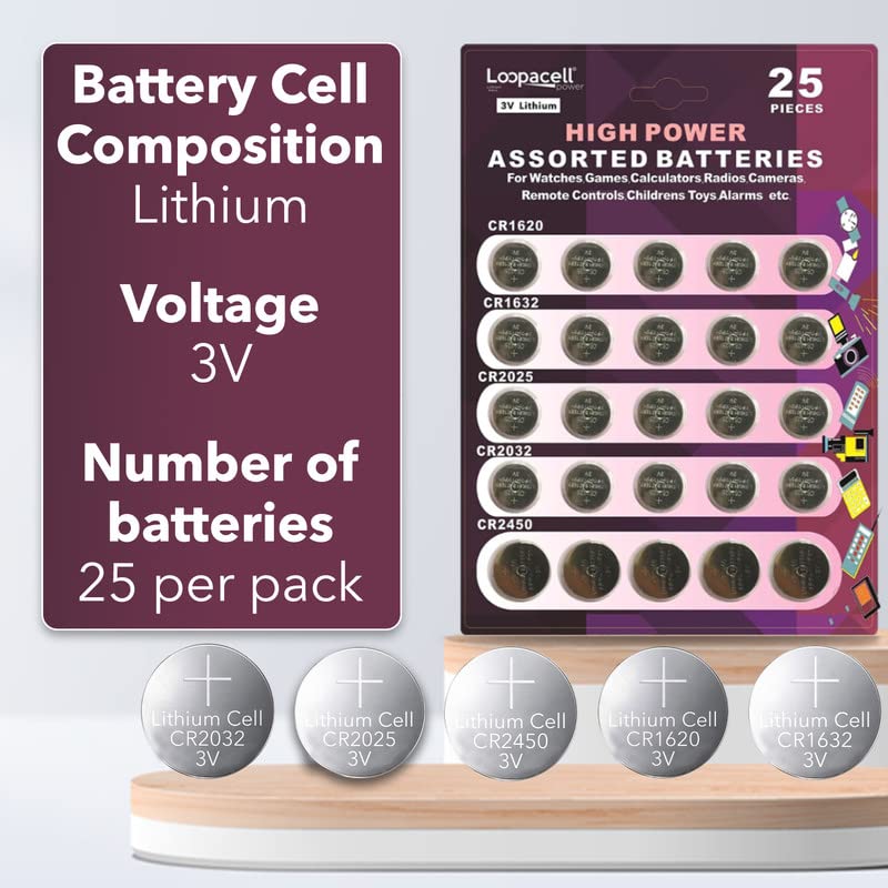 Loopacell High Power Button Cell 3V Lithium Assorted Battery CR2032 CR2025 CR2450 CR1620 CR1632, 25 Piece Set