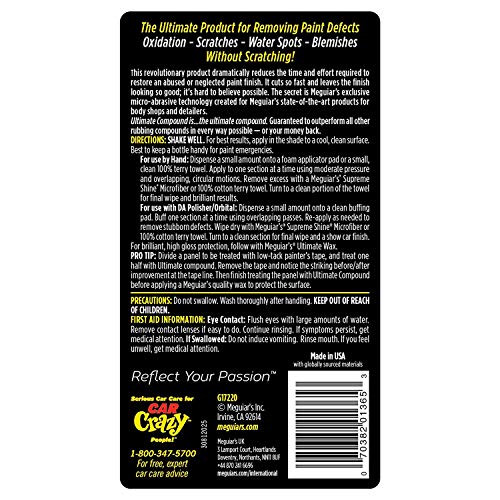Meguiar's Ultimate Compound, Car Compound Restores Paint and Car Shine, Easy to Use Paint Scratch Removal for Cars with Super Micro-Abrasive Technology, 20 Fl Oz Bottle