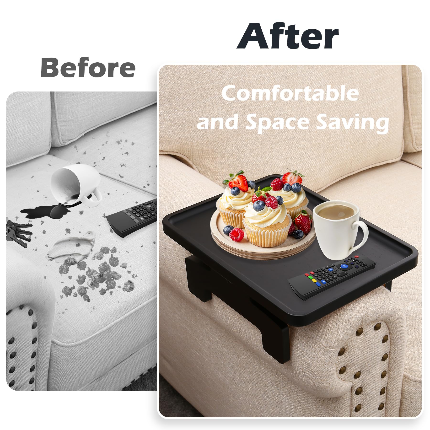 BAMBOOTRAY Clip Tray Side Table,Sofa Clip on Tray for Armrest Tray,Sofa Arm Table with Phone Holder,Couch Table for Living Room Bedroom,TV Tray Table for Eating & Drinking (Black, 13.7" D x 9.8" W)