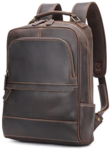 BIKROD Leather Backpack for Men, 15.6 IN Laptop Backpack, Crazy Horse Leather Backpack for Adult Business Computer Travel Backpack