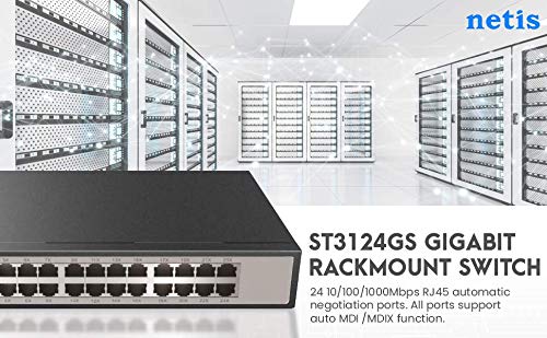 Netis ST3124GS 24 port Unmanaged 10/100/1000M Gigabit Switch, Desktop Ethernet Splitter, Ethernet Hub, Plug and Play, Fanless Quite, Traffic Optimization, Sturdy Metal Desktop size, expandable to standard 19 inch rack mount with included mounting bracket,