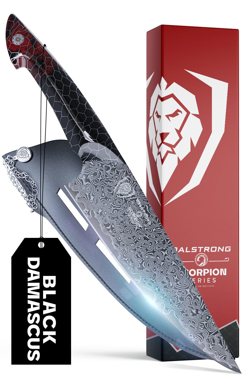 Dalstrong Chef Knife - 9.5 inch - Scorpion Series - Exclusive Japanese V12 Ultra Steel - Black Damascus - Black & Red Honeycomb Resin Handle - Rock-chops, Slicing, Skinning Gift Knife-Leather Sheath