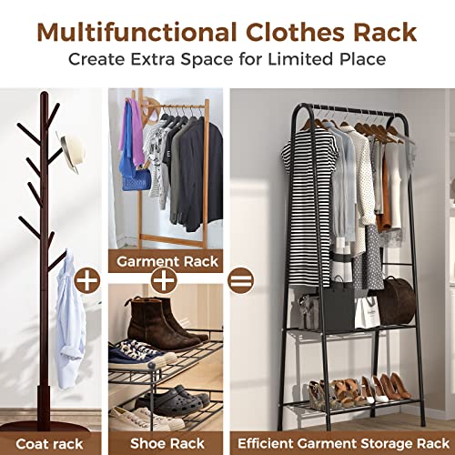 JEROAL Clothing Garment Rack, Coat Organizer Storage Shelving Unit, Entryway Storage Shelf with 2-Tier Metal Shelf, Black