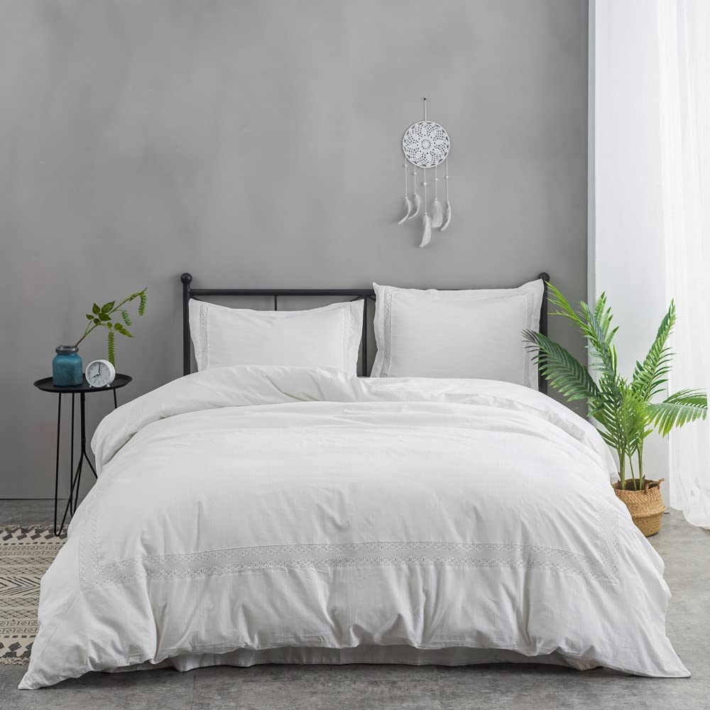 BISELINA Linen Duvet Cover Set 3pcs French Vintage Crocheted Lace Flax Cotton Blend Solid Color Shabby Chic Boho Luxury Farmhouse Bedding (King, Lace White)