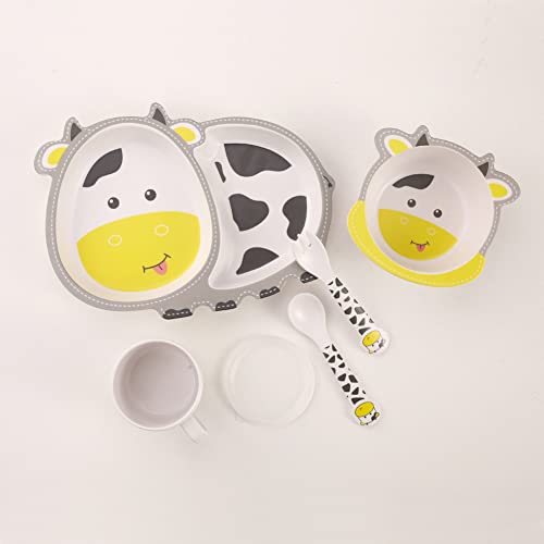 Fekdod Kids Dinnerware Set Bamboo 5 Pcs with Plate Bowl Cup Fork Spoon (Cow)