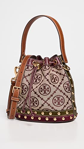 Tory Burch Women's T Monogram Jacquard Studded Bucket Bag, Claret, Red, Print, One Size