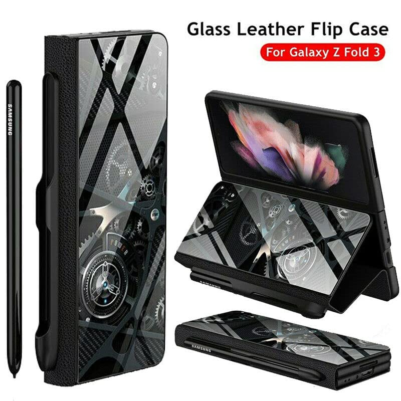 EAXER for Samsung Galaxy Z Fold 3 5G Case, Glass Material W/S Pen Slot Luxury Shockproof Anti-Slip Glossy Glass Flip Phone Case Cover (Checkerboard Brown)