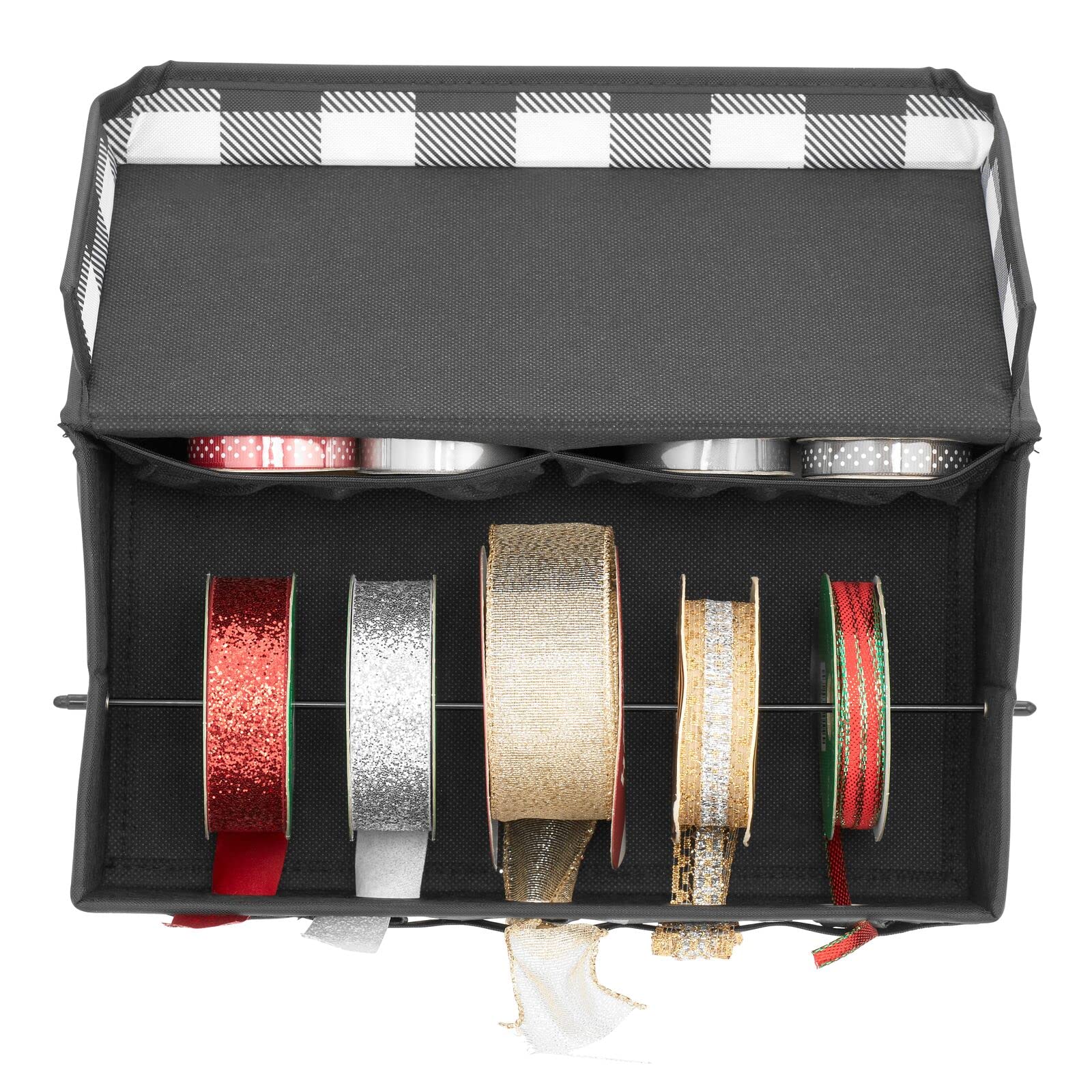 mDesign Gift-Wrapping Ribbon Storage Box with Handles - Holiday Bow Organizer Container with Lid - Christmas Giftwrap Ribbon Holder - Gift Storage Tote Bin and Bow Station - Buffalo Plaid Black/White