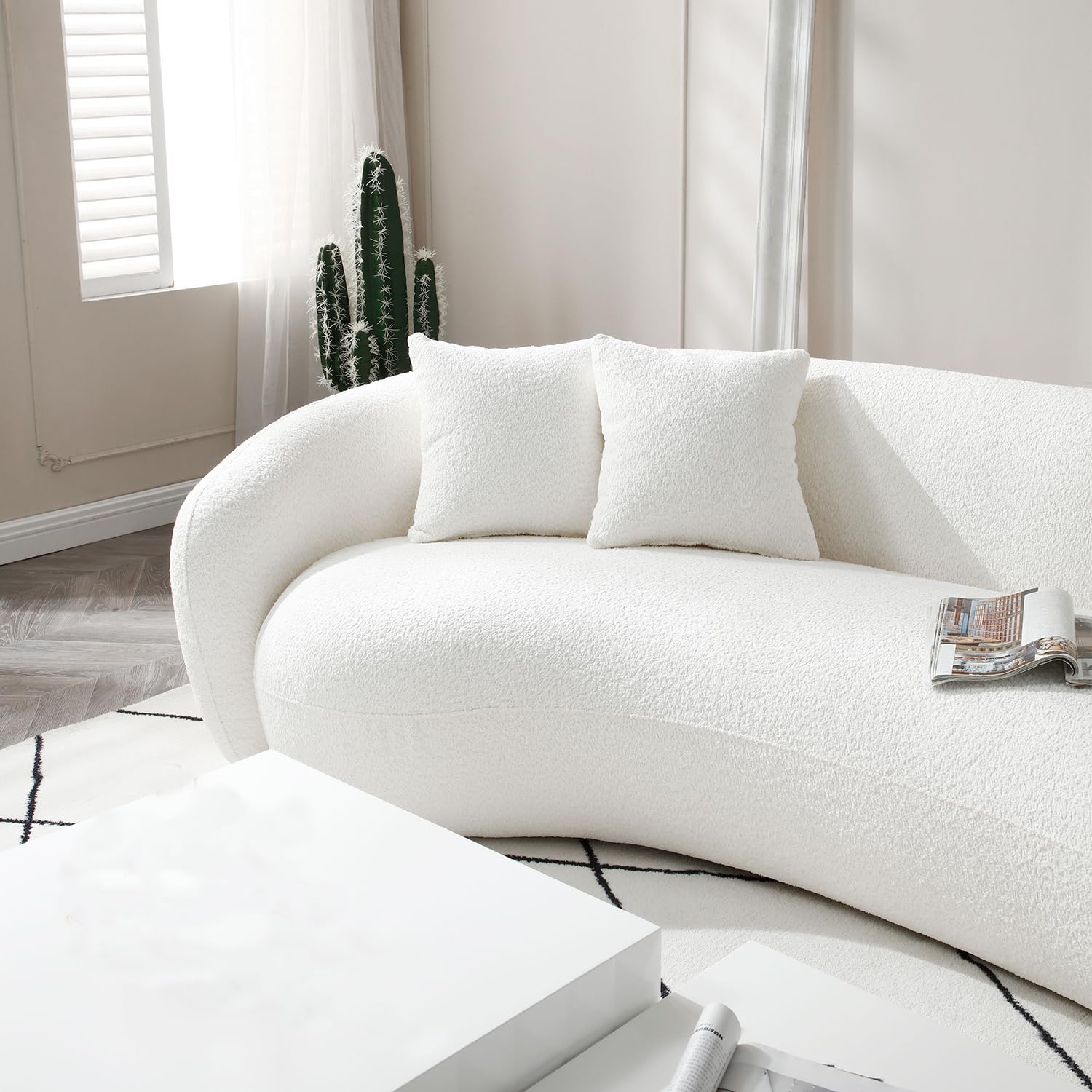 BAMOOLI 101'' Curved Sofa Couch, Mid Century Modern Half Moon Living Room Sofa, Luxury 5-Seat Sofa Round Couch with 4 Throw Pillows, Teddy Fleece Leisure Couch for Apartment, Office, Bedroom, Beige