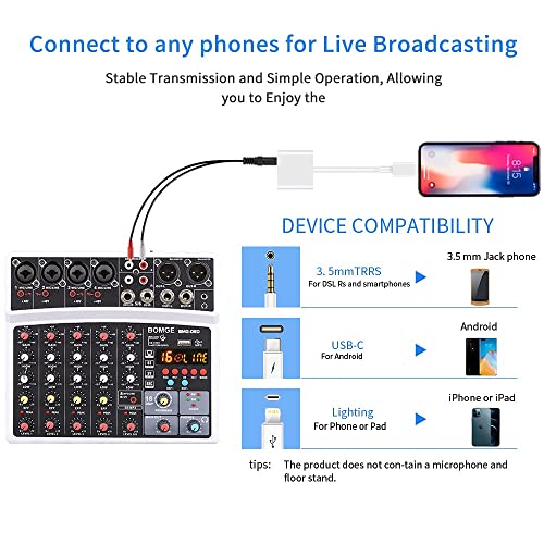 BOMGE 6 Channel Audio Sound Mixer - Professional Digital DJ Mixing Console for Live Streaming, Karaoke and Stereo Recording - With PC Computer Record Playback/Bluetooth/MP3/USB/48V /16 DSP Echo