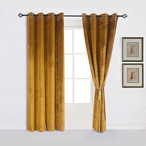 Cherry Home Super Soft Luxury Velvet Set of 2 Warm Yellow Blackout Velvet Energy Efficient Grommet Curtain Panel Drapes Ginger 52Wx63L(2 Panels) with Matching Tiebacks