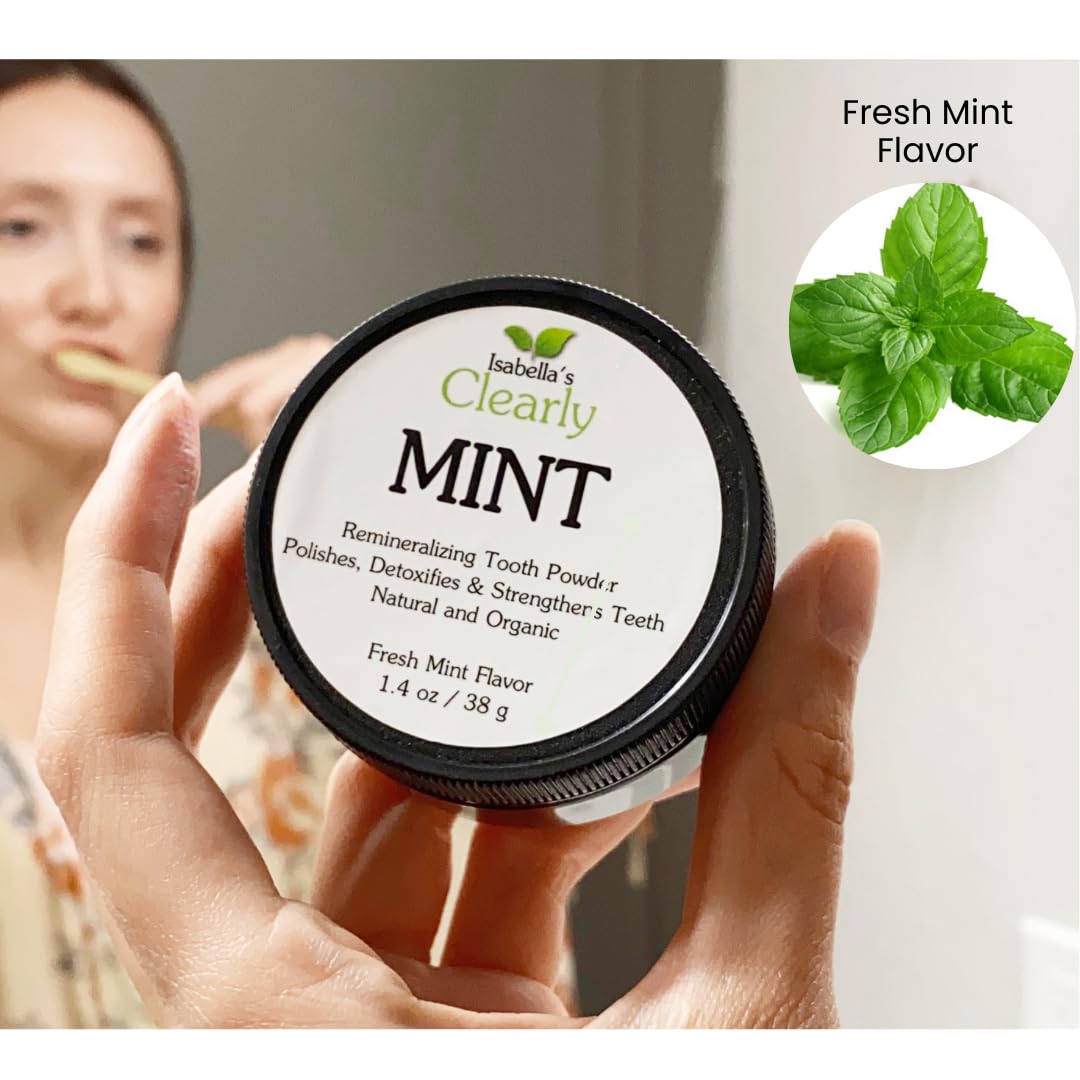 Isabella’s Clearly Mint Remineralizing Tooth Powder | Teeth Whitening Natural Fluoride Free Toothpaste for Adults, Kids, Sensitive Teeth and Gums | Xylitol, Baking Soda, Clay, Calcium (Mint Flavor)