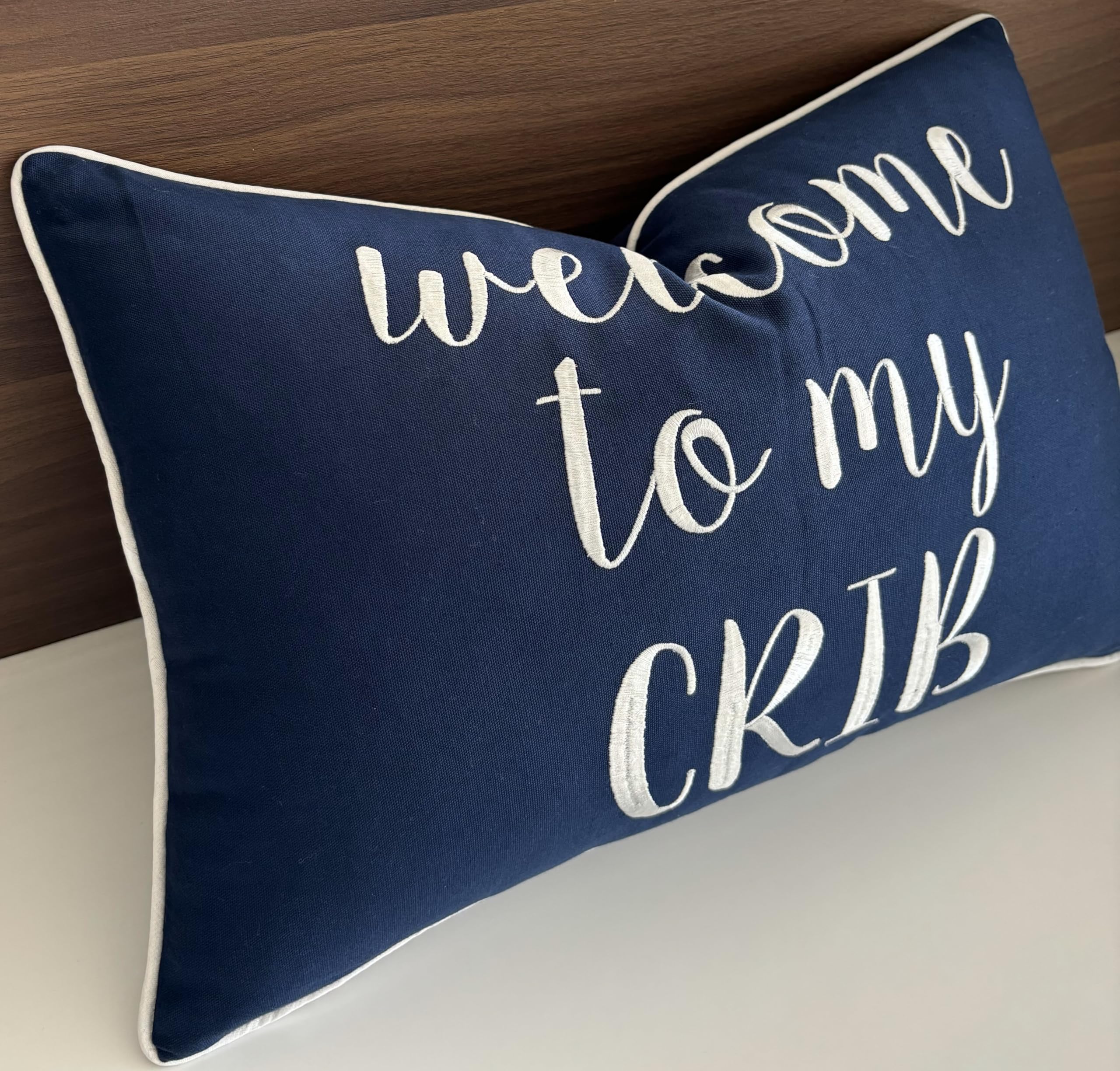 Rudransha Welcome to My Crib Embroidered Lumbar Accent Throw Pillow Cover - Nursery Decor - 12x18, Navy Blue